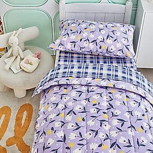100% Cotton 4 Pieces Purple Floral Toddler Bedding Set with Yellow and White Flowers Includes Adorable Quilted Purple Comforter, Plaid Fitted Sheet, Top Sheet, and Pillow Case for Boys Girls