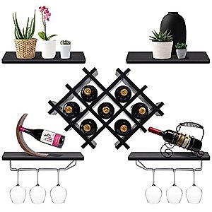 Giantex Set of 5 Wall Mount Wine Rack Set w/ Storage Shelves and Glass Holder (Black)
