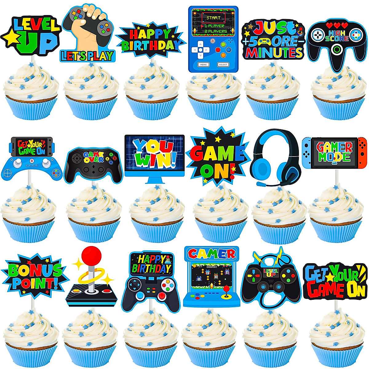 Video Game Cupcake Toppers 36pcs Game Party Cupcake Picks Game On Controllers Cake Picks Gamepad Birthday Party Decoration for Game Theme Baby Shower Supplies(Blue)