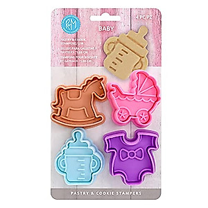 R&M Baby Themed Pastry & Cookie Cutter Set of 4. Rocking Horse, Stroller, Bottle Sippy Cup, Onesie. 2 Inches Assorted Color Plastic Cookie Cutters