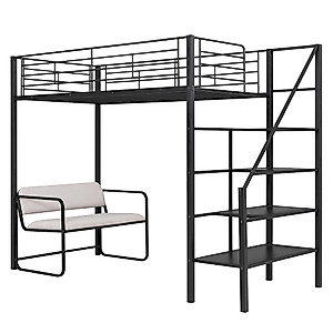 Twin Size Loft Bed with Storage Staircase and Bench, Metal Twin Loft Bed Frame for Kids Teens, Twin High Loft Bed, Metal Loft Bed with Full Length Guardrail and Slat (Twin, Black)
