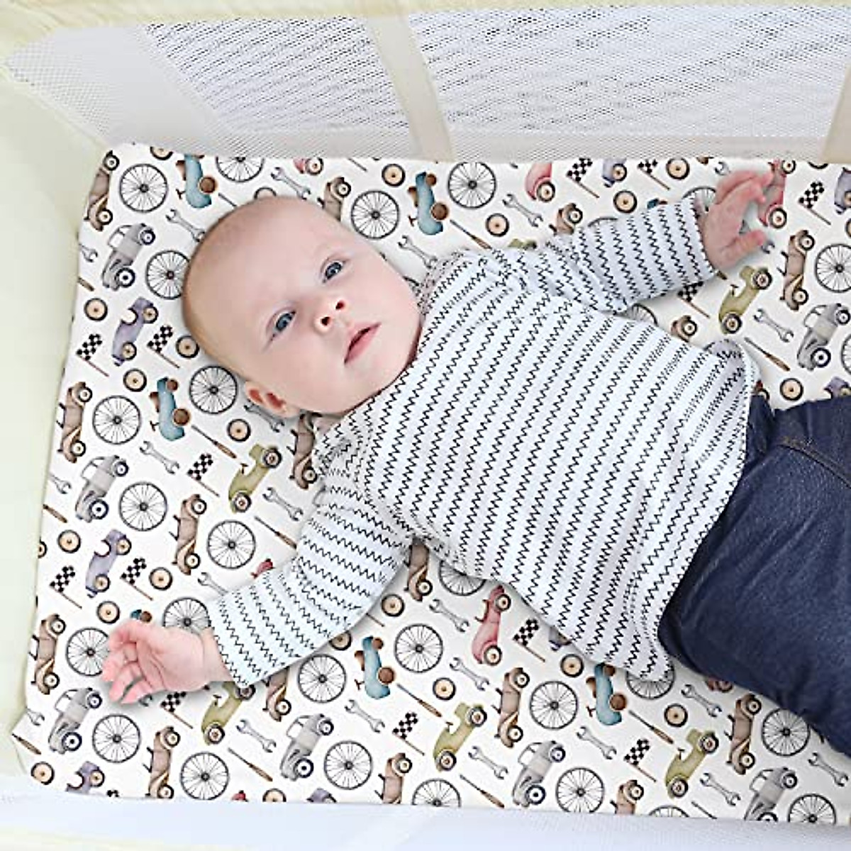 Extra Soft Stretchy Pack N Play Fitted Sheet Set for Baby, 2 Pack Premium Cotton Blend Mini Crib Sheets for Standard Pack N Play Mattress ,Plane and Car Pattern.