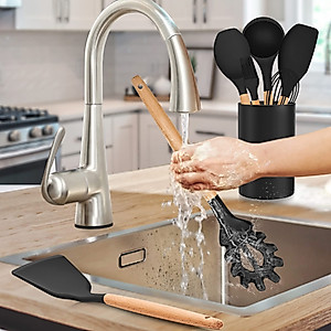 LIANYU 30 PCS Silicone kitchen Cooking Utensils Set with Holder, Heat Resistant Kitchen Essentials Utensils Set Wooden Handle, Cooking Tools Set Including Tuner, Spatula, Spoon, Ladle, Black