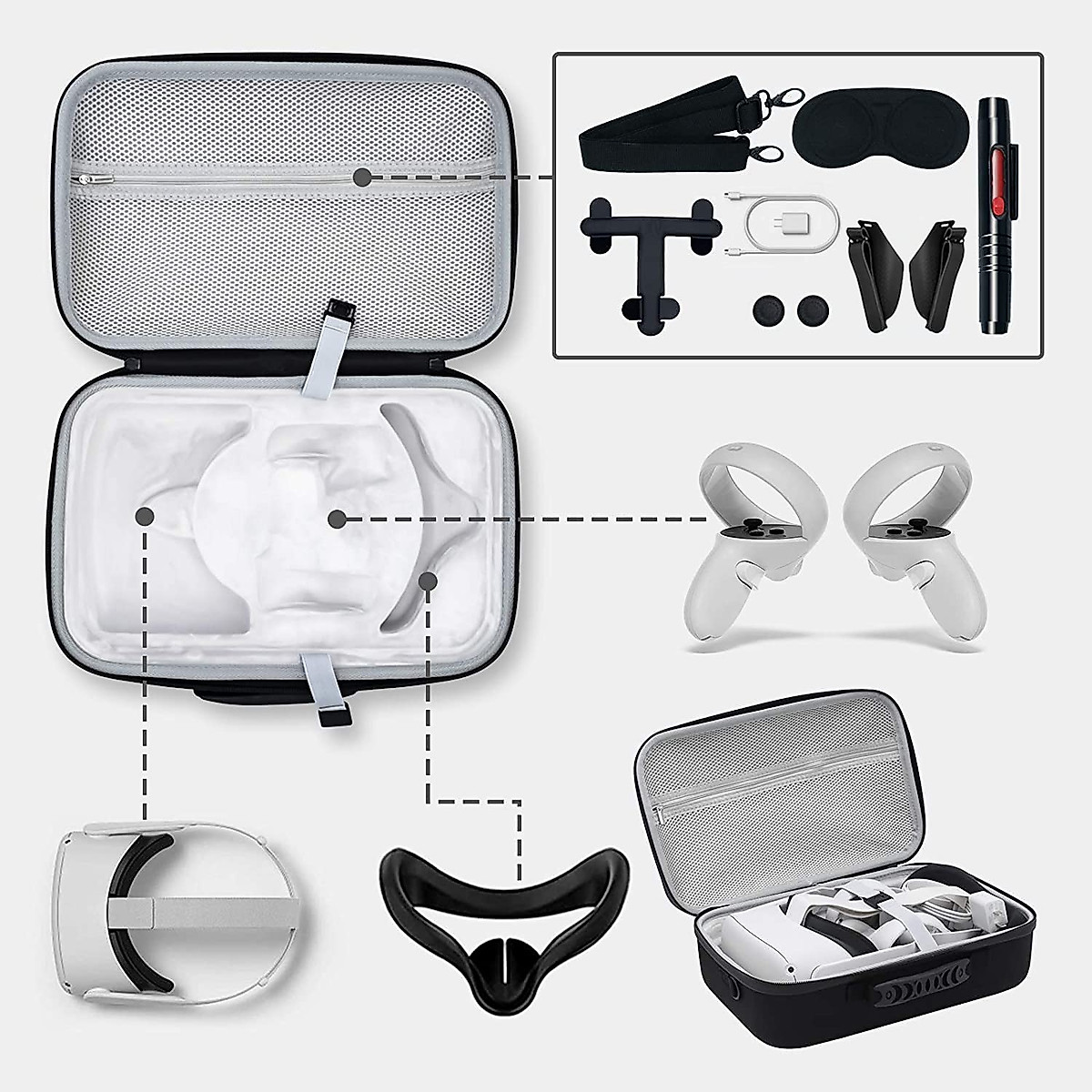Piskyet Carrying Case with VR Stand, Compatible with Q2 Accessary, Travel Case for Q2/Q1/Elite Head Strap/Halo Strap/Oculus Go, Hard Case with Accessories Kits