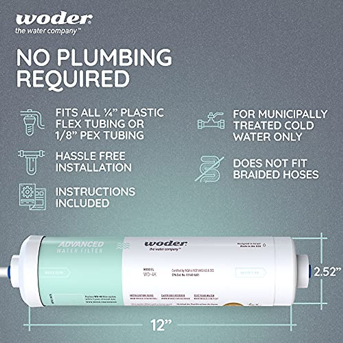 Woder WD-4K-ADV-JG High Capacity Inline Water Filter with ¼” John Guest Fittings - WQA Certified 4,000gal – Removes Chlorine, Lead, Chromium 6, Heavy Metals, Odors/Contaminants and More – USA Made