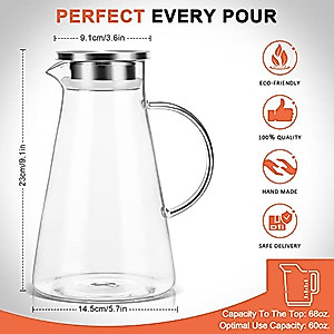 SUSTEAS 2.0 Liter 68oz Glass Pitcher with Lid, Easy Clean Heat Resistant Glass Water Carafe with Handle for Hot/Cold Beverages - Water, Cold Brew, Iced Tea & Juice, 1 Free Long-Handled Brush Included