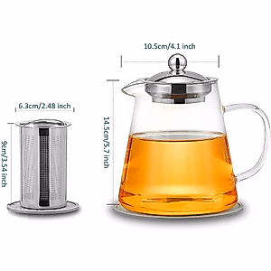 950ml/30oz Glass Teapot Kettle with Removable Stainless Steel Infuser & Matching Silicone Coasters, Stovetop & Microwave Safe Tea Pot for Loose Leaf Tea & Blooming Tea