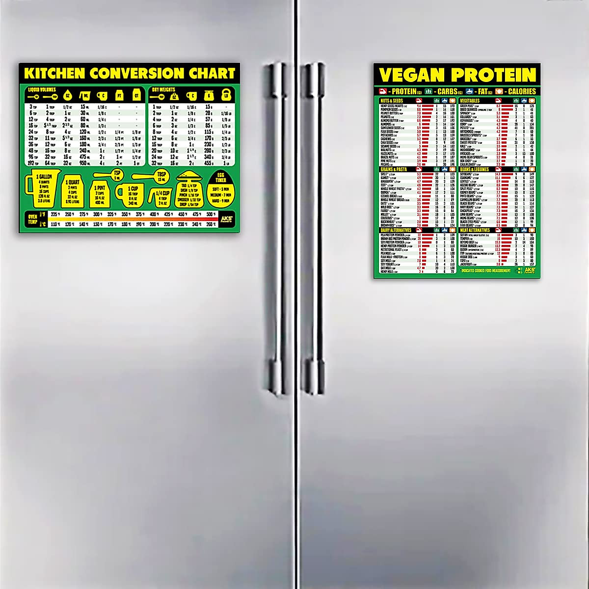 Kitchen Conversion Chart and Vegan Protein Magnetic Cheat Sheet Combination Bundle - Extra Large Easy to Read Reference Guides for Vegan Protein Sources and Baking & Recipe Unit Conversions