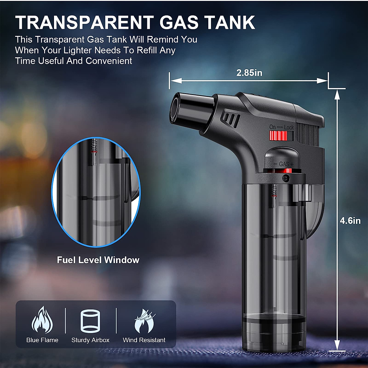 Torch Lighters, 4 Pack, Butane Refillable Jet Flame Torch Lighter, Windproof, Safe, Multi Utility Lighter for Candles, Fireplaces, Campfires, Grill (without Butane)