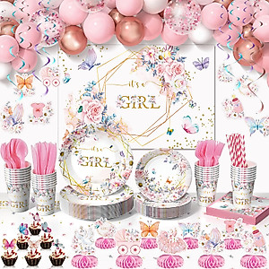 Baby Shower Decorations for Girl, 274Pcs Girl Baby Shower Decorations Party Supplies (20 Guests) Floral Baby Shower Decor It Is A Girl Backdrop Banner for Pink Baby Shower with Plates Cups Balloons
