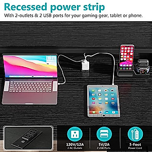 Tribesigns 55 Inch Gaming Desk with 2-Outlet & 2 USB Ports, Large Computer Desk with Monitor Stand, Ergonomic Gamer Table with Metal Storage Basket, Black