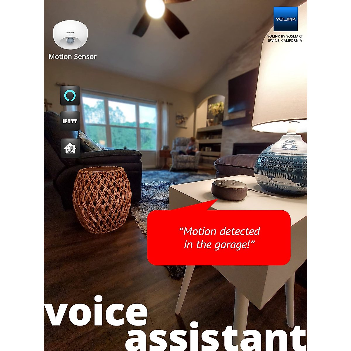 YoLink SpeakerHub & One Motion Sensor Smart Home and Security Kit – Audio Hub Plays Tones/Sounds, Spoken Messages, LoRa-Powered ¼ Mile Range, WiFi Required