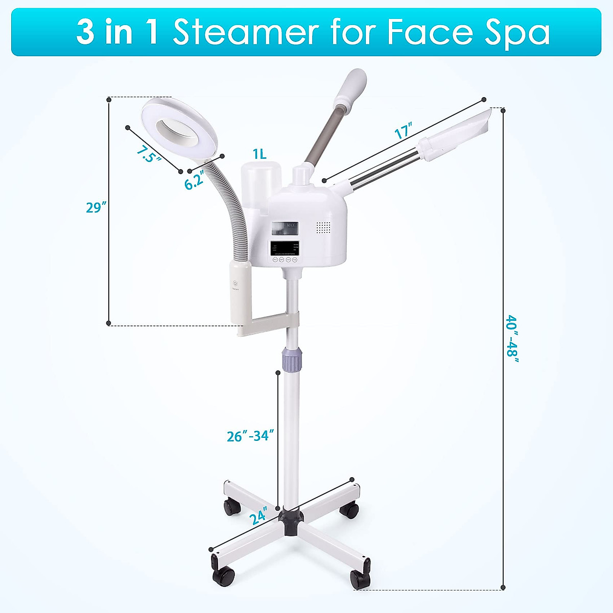 Seeutek Pro Rolling Facial Steamers for Face Professional 3 in 1 Facial Steamer Humidifier with 5X Mag Lamp,Face Steamer Standing Warm Cold Mist Digital LCD Screen for Home Salon Spa