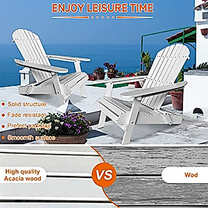 Adirondack Chair Weather Resistant Patio Chairs Folding Outdoor Chair w/Long Arms Solid Wooden Heavy Duty Reclining Fire Pit Chair for Deck, Lawn, Backyard, Garden Set of 2- White
