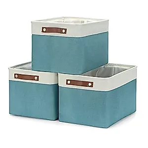 HNZIGE Storage Baskets Bins (3 Pack) Large Shelf Baskets for Clothes, Decorative Storage Bins with Handles, Canvas Collapsible Storage Bins for Organizing Storage (Gray&Teal, 15" X 11" X 9.5")