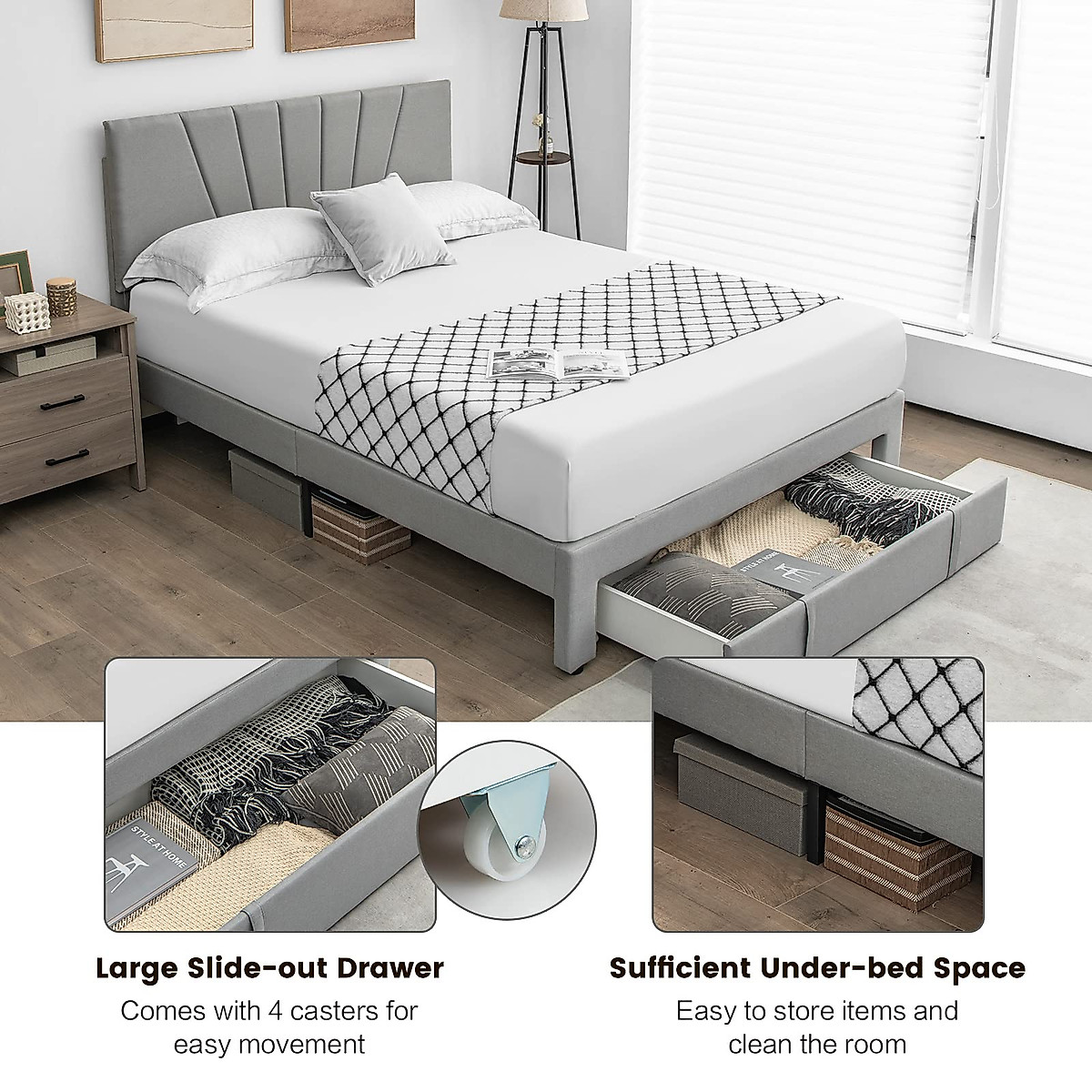 Giantex Upholstered Queen Bed Frame with Drawer, Modern Platform Bed with Storage & Adjustable Headboard, Wooden Slat Support Mattress Foundation, No Box Spring Needed, Noise Free