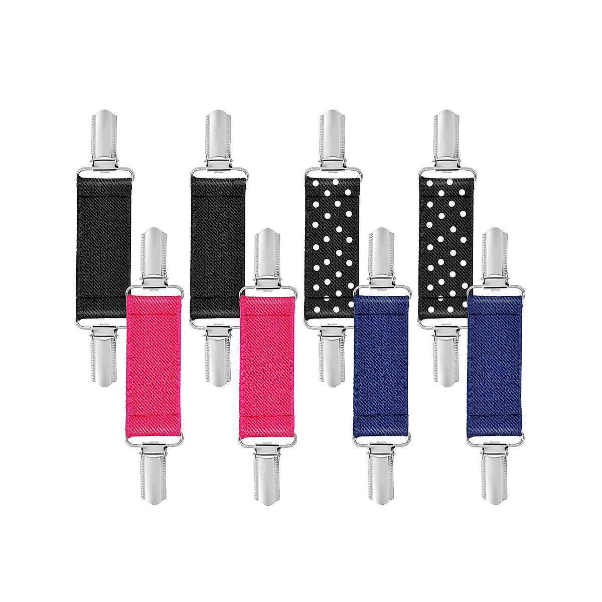 CHENGU 8 Pieces Mitten Clips Elastic Gloves Clips for Kids Stainless Steel Gloves Strap (black, dark blue,black with white dots and rose red)