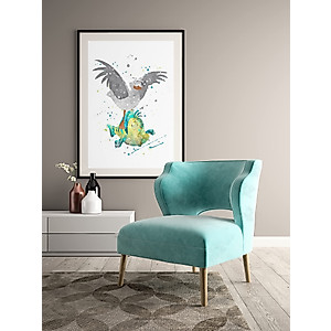 Scuttle and Flounder Print, Watercolor, Nursery Wall Poster, Holiday Gift, Kids and Children Artworks, Digital Illustration Art