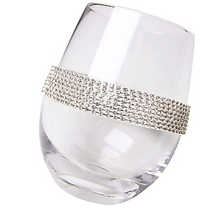 Cheer Collection Berkware Set of 6 Luxurious Stemless Wine Glasses with Sparkling Diamond Studded Design (Silver)