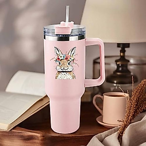 LB LEOBON 40 ounce insulated cup with handle, double-layer vacuum stainless steel material, equipped with straw, can keep warm or maintain cold drinks Easter Rabbit H Light pink