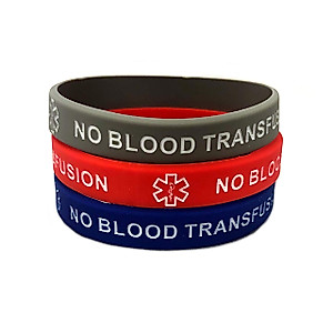 No Blood Transfusion Silicone Adult Medical Alert Bracelets Set of 3