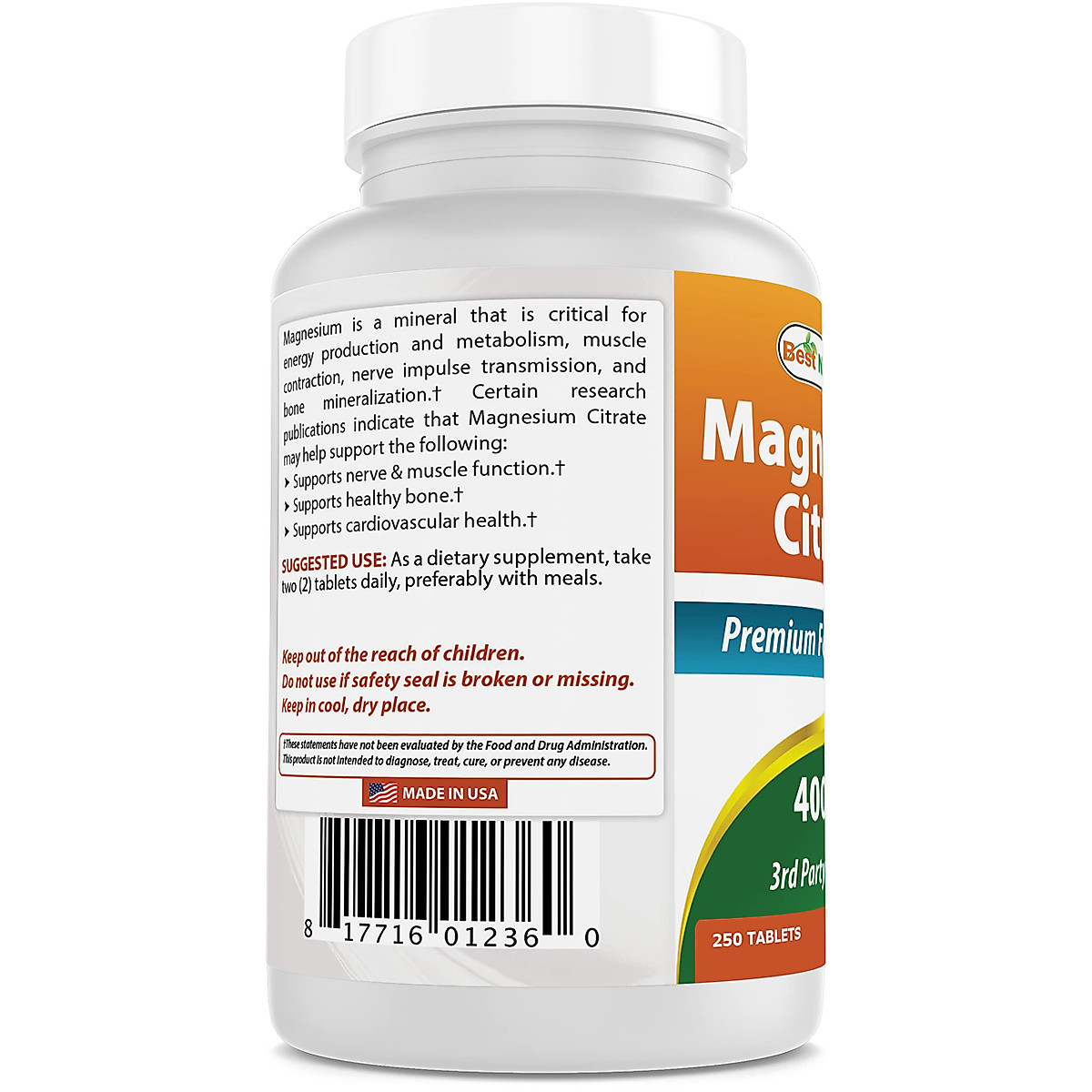 Best Naturals Magnesium Citrate (Citrato de Magnesio) 400mg 250 Tablets (400 mg of Elemental Magnesium per 2 Tablets) (1)