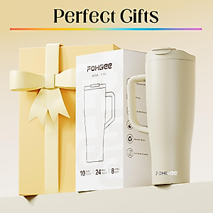 FOHGEE 40oz Tumbler with Handle and Straw Lid【Magnetic lid + Removable built-in straw】100% Leak-proof Travel Coffee Mug, Stainless Steel Insulated Cup, Keeps Cold for 24Hrs (ChillWave Cream Whisper)