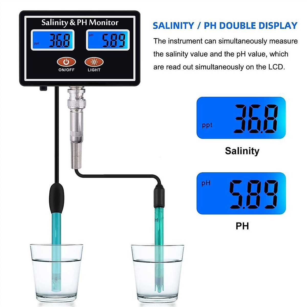 Digital Tester PH Salinity Monitor 2 in 1 Aquarium Water Quality Meter Seawater Salt Tester for Pool Spa Fish Pond Aquaculture
