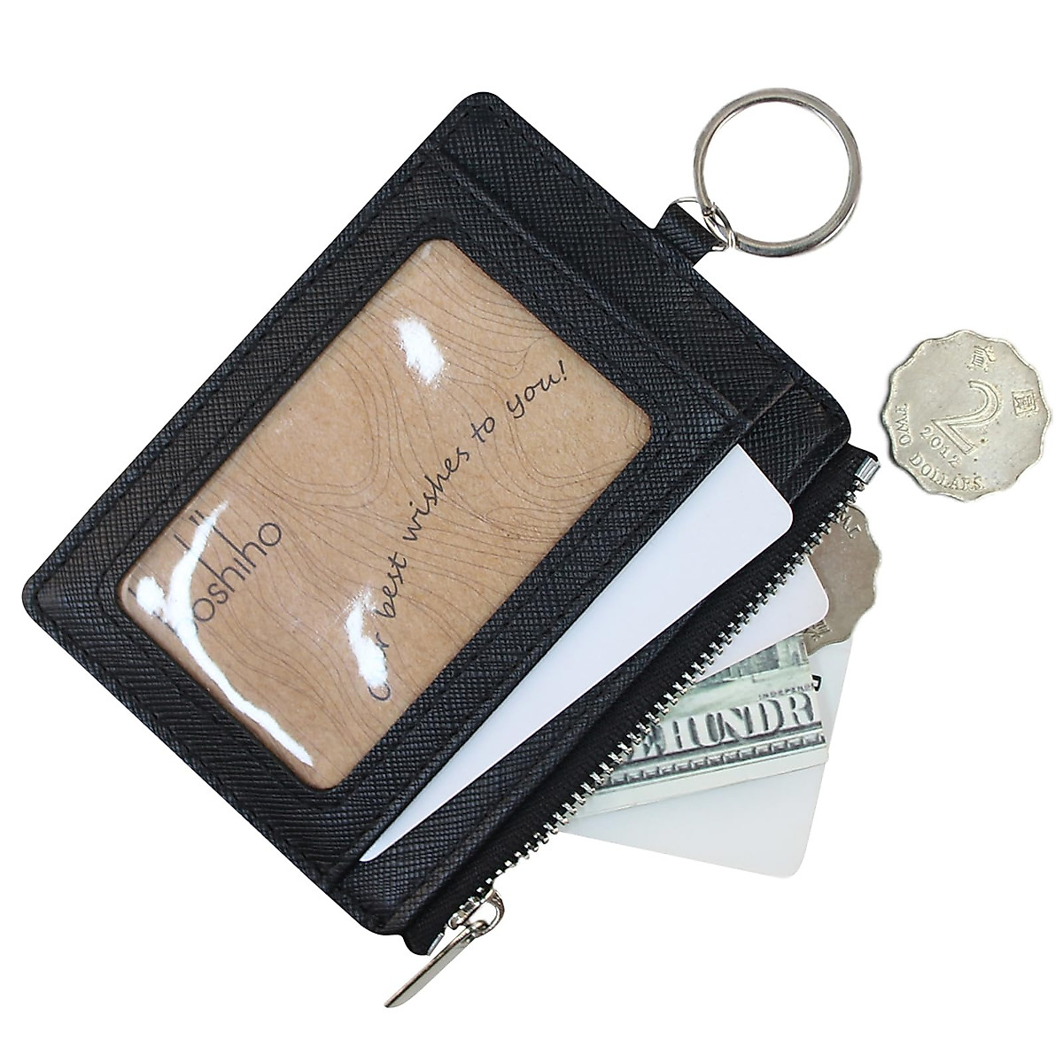 Boshiho Saffiano Leather Credit Card Holder Coin Change Purse with Key Ring Keychain - unisex