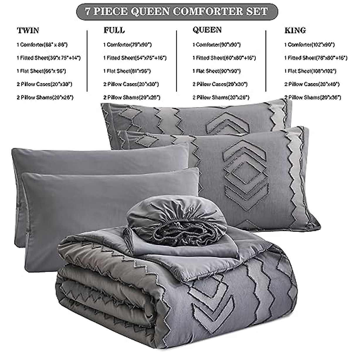 OARAGE Dark Grey Twin Comforter Set 7 Pieces, Tufted Bed in a Bag Twin, Boho Bed Sets, Geometric Embroidery Twin Size Bedding Set, All Season Microfiber Bedding Comforter Set with Sheets