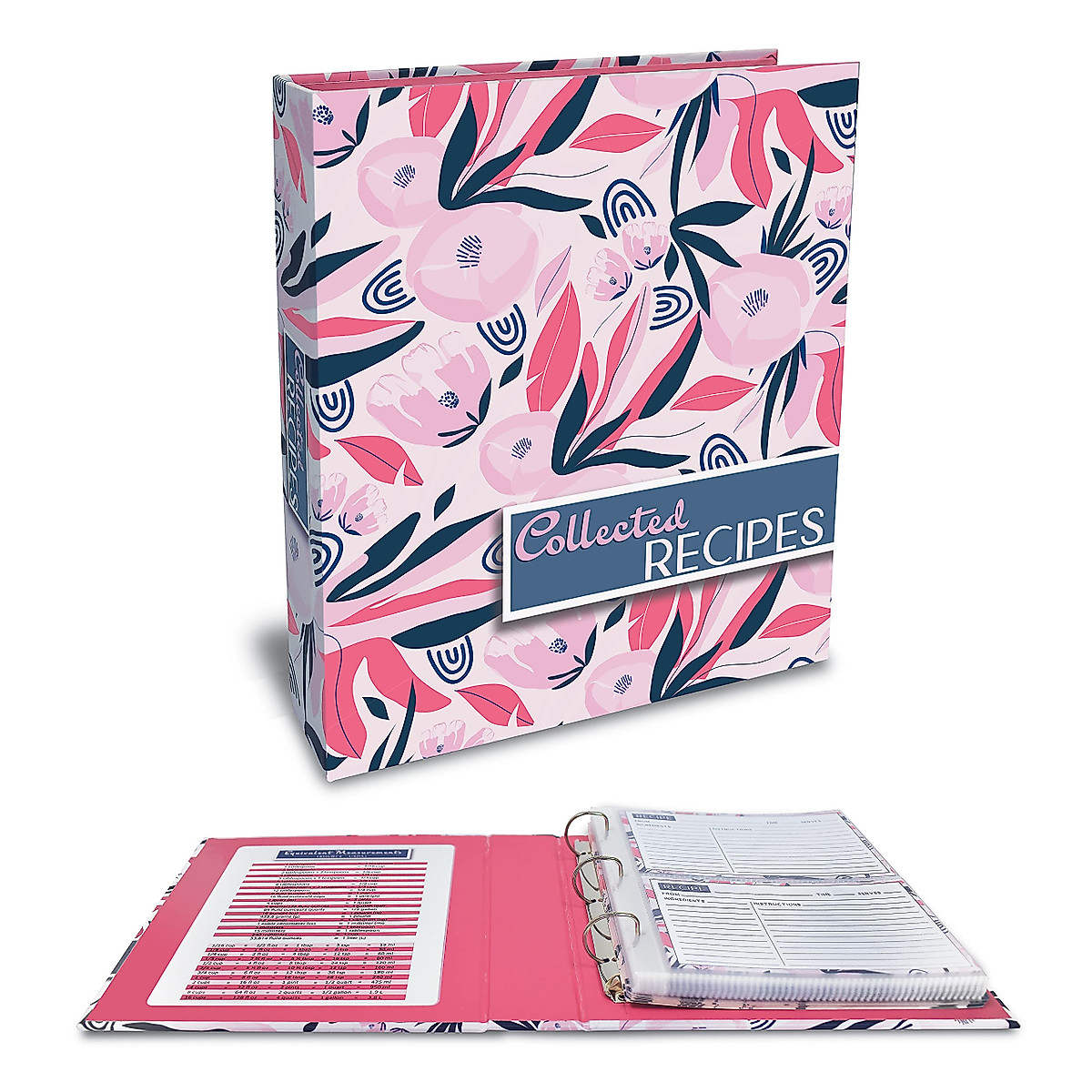 Better Kitchen Products Recipe Binder, 8.5" x 9.5" 3 Ring Binder Organizer Set (with 50 Page Protectors, 100 4" x 6" Recipe Cards & 12 Category Divider Tabs) Floral Design