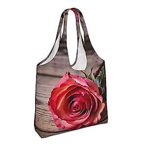VTCTOASY Rose on Old Wooden Board Print Aesthetic Tote Bags Large Beach Bag Canvas Shoulder Bag Reusable Shopping Bags