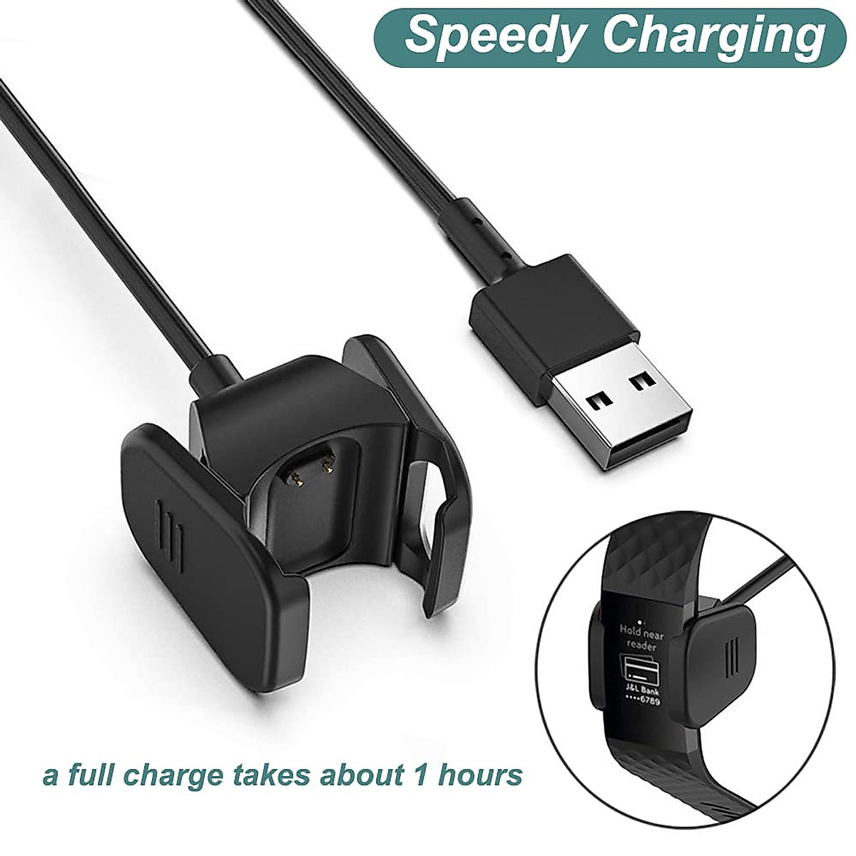 Kissmart Charger for Fitbit Charge 4, Replacement USB Charging Cable Cord Dock Adapter for Fitbit Charge 4 Fitness Wristband (2Pack, 1m/3.3ft)