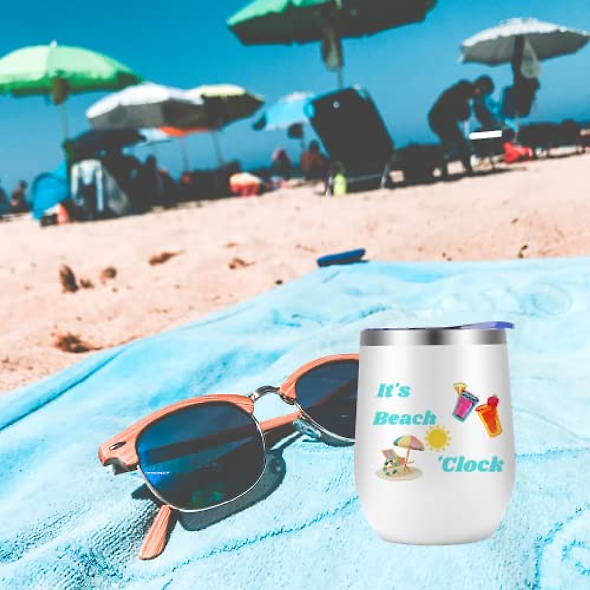 Lovely shape, White, It's Beach O 'Clock 3D UV Color Printing, Beach Accesories, Wine Tumbler Double Wall Stainless Steel Insulated 12oz, Durable Coffee Mug, Cocktail, Beer, Office (white)