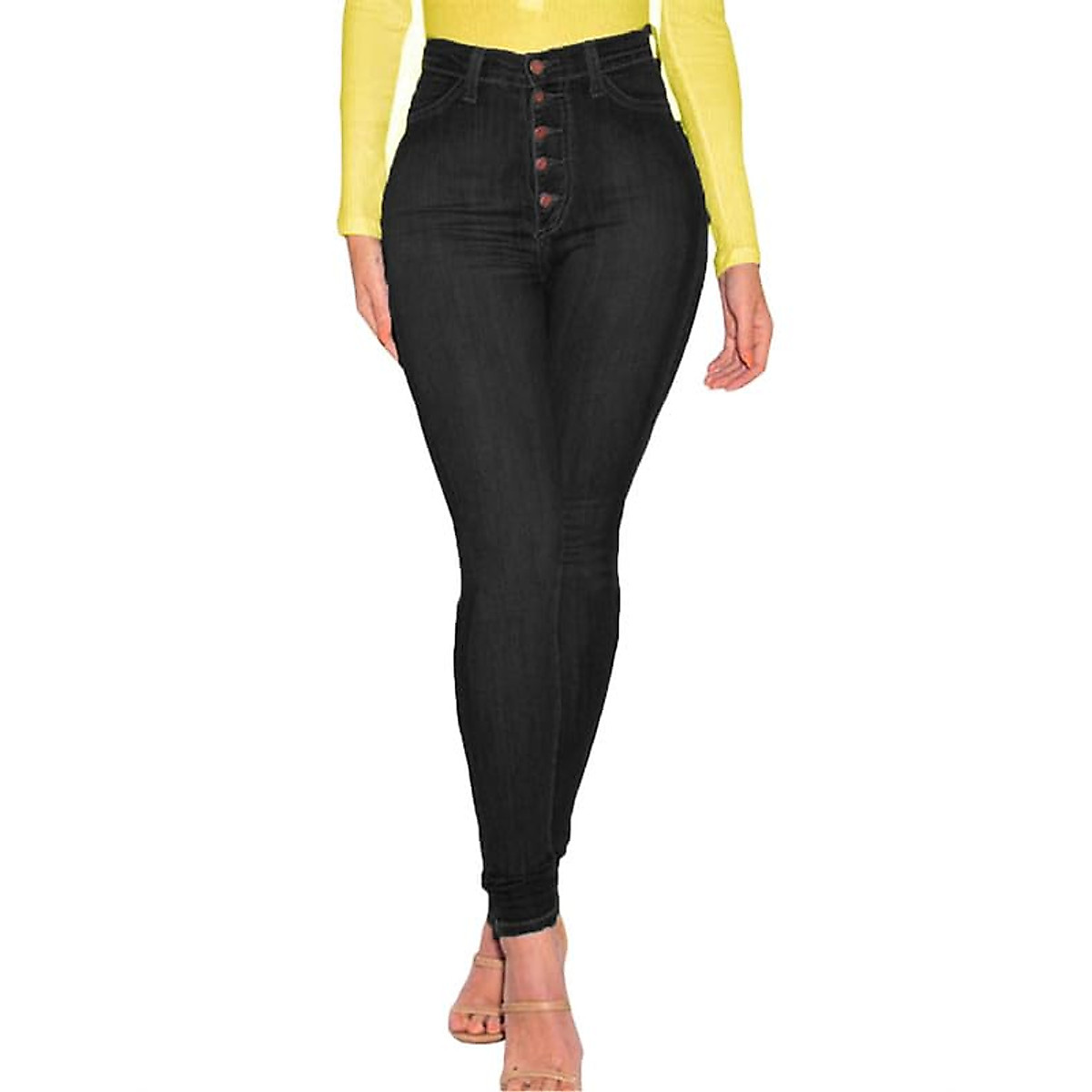 Womens High Rise Button Jeans Curvy Butt Stretch Soft Denim Skinny Pants Juniors Button Fly Super High Waist Skinnys (Black,X-Large)