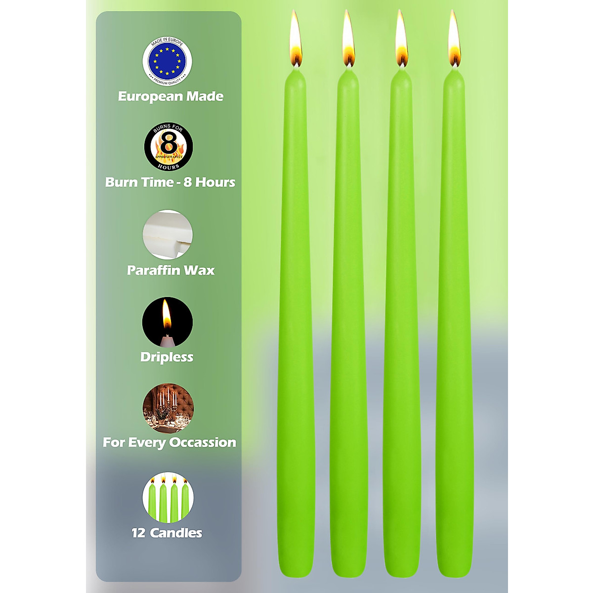 12 Pack Tall Taper Candles - 10 Inch Lime Dripless, Unscented Dinner Candle - Paraffin Wax with Cotton Wicks - 8 Hour Burn Time
