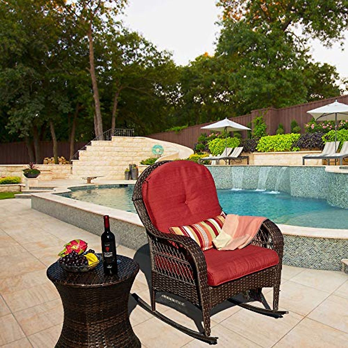 Sundale Outdoor Rocking Chair, Patio Wicker Rocker Chair with Olefin Cushions and Pillow, Rocking Lawn Chair Wicker Patio Furniture - Steel Frame, Brown, Red