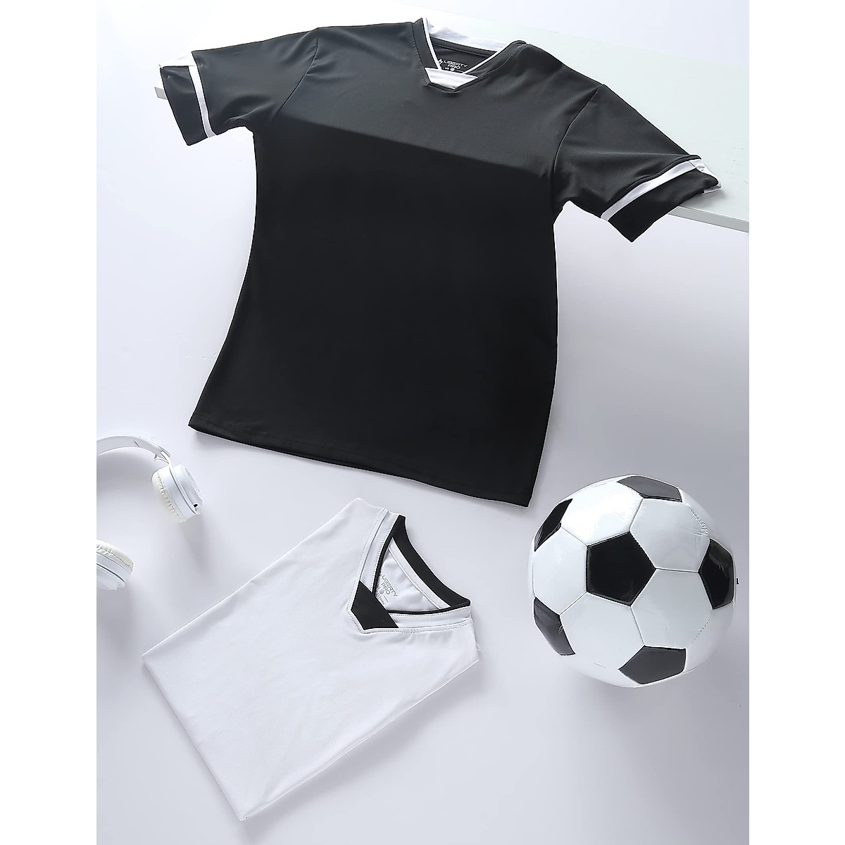 2 Pack Youth Boys' Soccer Jerseys, Black White Training Shirts for Kids, Dry Fit Athletic Performance Short Sleeve Tees (Medium)