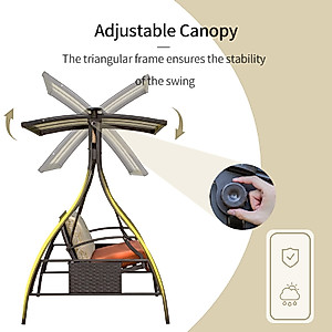 Patio Porch Swing 3 Person Adjustable Canopy Deluxe Hammock Swing Glider with Solar LED Light and 3 Sunbrella Cushions for Outdoor Garden, Balcony, Backyard by Domi outdoor living