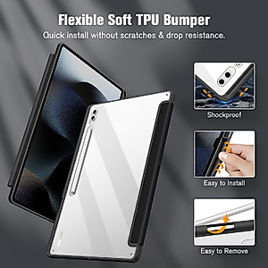 Fintie Hybrid Slim Case for Samsung Galaxy Tab S10 Ultra 2024/ S9 Ultra 2023/ S8 Ultra 2022 14.6 Inch, Shockproof Cover with Clear Transparent Back Shell, Black