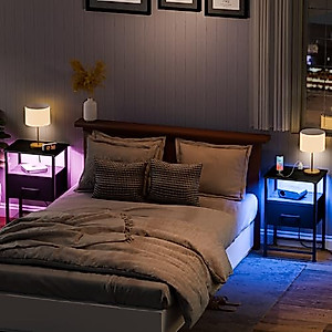 LAKEMID Nightstands Set of 2 with Charging Station and Drawer, End Table Bedside Table with 20 Colors LED Light Strip and 2 Layers Shelf for Bedroom Living Room Sofa Couch (Black)