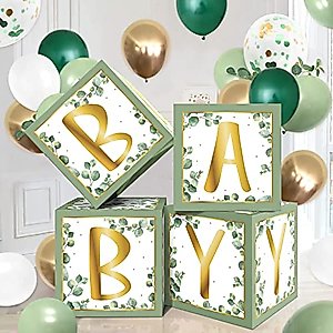 Levfla Sage Green Baby Balloons Boxes Decoration Baby Shower Backdrop Blocks Gender Reveal Photo Props Green Eucalyptus Gold White Boy Girl B-Day Favor Ideas