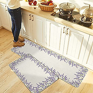 Sabolny Lavender Kitchen Runner Rug Mat, Bath Shower Bathtub Welcome Door Floor Mat, Summer Spring Country Purple Flower Washable Indoor Outdoor Throw Entry Area Rug Doormat 24x35+24x71