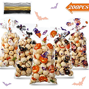 Pajean 200Pieces Halloween Cellophane Candy Bags Bulk Trick or Treat Plastic Candy Cello Bags with Twist Ties Halloween Theme Party Supplies for Goodie Treat Bags Kids Birthday Party Favor Candy Warp