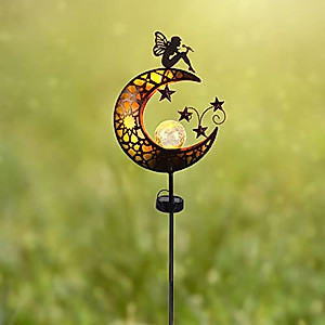 Cubular Moon Fairy Solar Garden Decor Lights,Crackle Glass Ball Pathway Stake Lights, Walkway Yard Lawn Patio Courtyard Decor Garden Outdoor Decorative Lights,Fairy Garden Decor (Moon Fairy)
