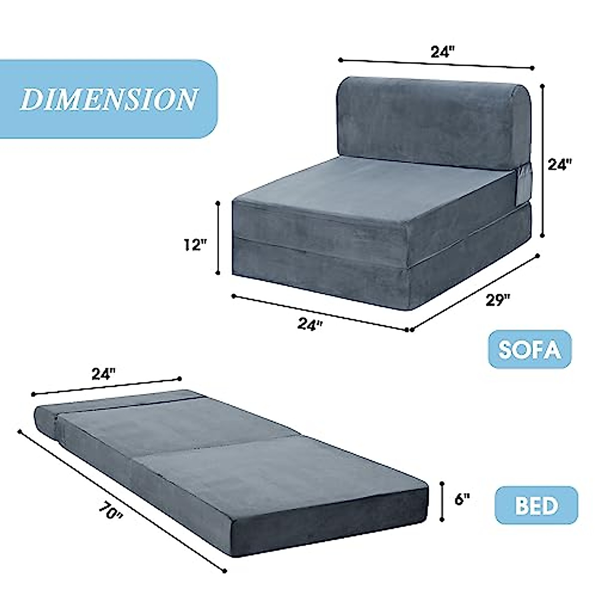 XIECUVA Sleeper Sofa Bed, Memory Foam Folding Sleeper Chair Couch Bed with Soft Cushions, Characteristic Sofa Mattress in Living Room Bedroom Guest Room Home Office (6''*24''*70'', Grey)