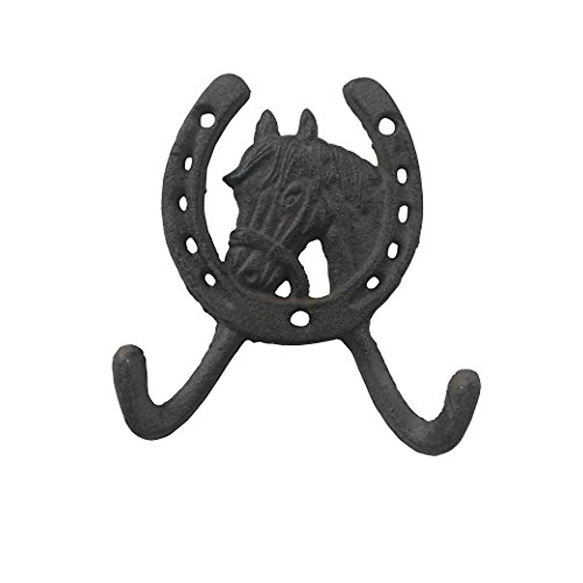 Comfy Hour Cast Iron Horse Head Horseshoe Double Key Coat Hooks Wall Hanger Clothes Rack, Heavy Duty Recycled, Dark Brown, Antique & Vintage Collection
