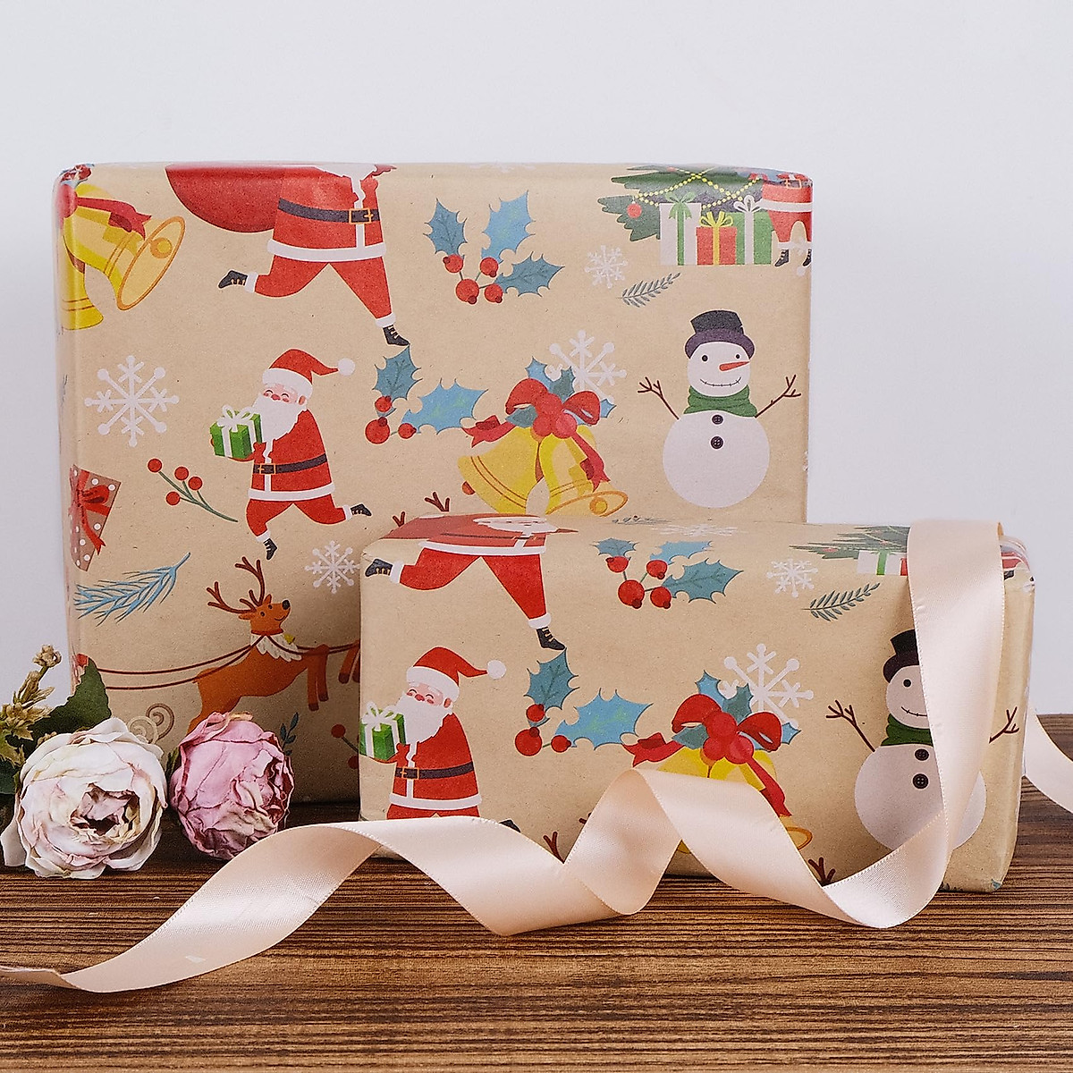 Aimyoo Santa Kraft Christmas Wrapping Paper Jumbo Roll, Reindeer Snowman Xmas Gift Wrap Paper 17 in x 60 ft