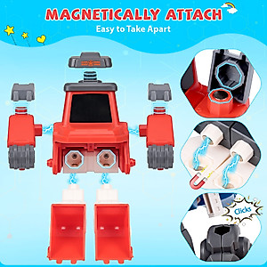 ThinkMax Transform Toys for 3 4 5 6 7 8 Year Old Boys, Robot Toys for Kids 3-5 5-7, 4 Magnetic Construction Trucks Vehicles w/Play Mat, Birthday Gift for Boy, 32 Pieces