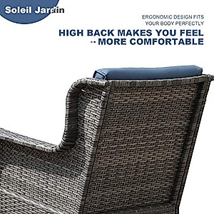 Soleil Jardin Outdoor Resin Wicker Rocking Chair with Cushions, Patio Yard Furniture Club Rocker Chair, Gray Wicker & Navy Cushions,Set of 2